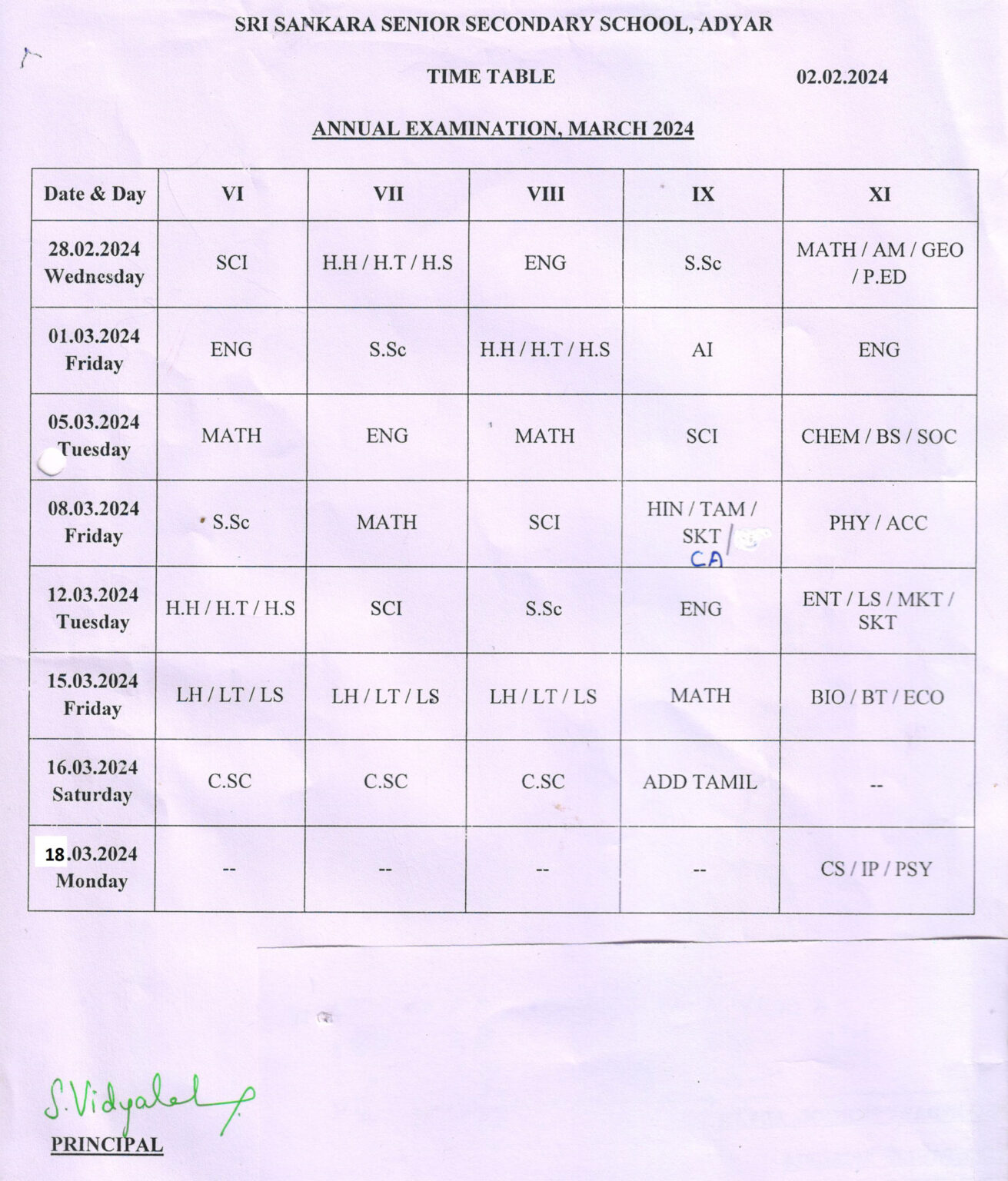 Examination - Sri Sankara Adyar CBSE